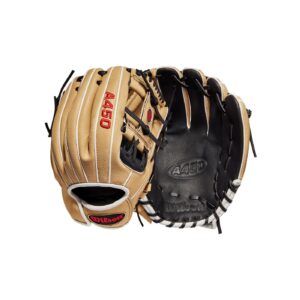 wilson 2022 a450 11.5" infield baseball glove - black/blonde, right hand throw