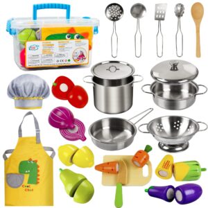 sundaymot play kitchen accessories, wooden play food, cooking set with stainless steel cookware pots and pans utensils, apron, chef hat, ​cutting food kitchen playset for girls and boys