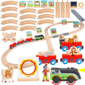 orbrium 41 pcs battery operated motorized light and sound circus on wooden railway figure 8 train set compatible with thomas, brio, chuggington, melissa & doug