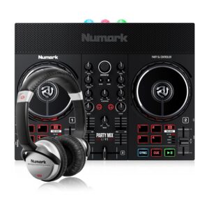 numark party mix live + hf125 - dj controller/adults & kids dj set with dj lights, dj speakers, dj mixer and portable dj headphones