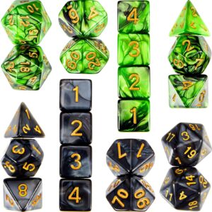 2 set 11 dice polyhedral dice set multisided dice set smooth touch with drawstring bag compatible with rpg mtg table game dice, 22 pieces (green, black)