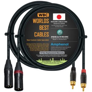 worlds best cables 3 foot - rca to xlr (male) cable pair – mogami 2549 audio interconnect cable & amphenol acpl rca & neutrik male xlr gold plugs - custom made