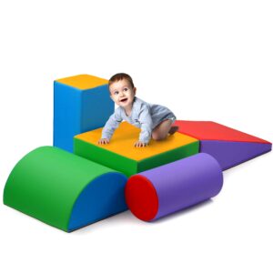 climb and crawl activity play set - climbing foam shape toy for toddlers 5 piece soft zone climbing blocks, safe indoor crawling gym equipment for toddler, infant, baby waterproof and easy to clean