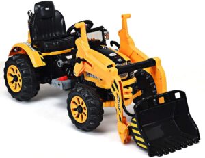 glacer ride on excavator, 12v battery powered digger w/ 2 speeds, forward & backward, front loader bucket, horn, safety belt, electric construction vehicles for kids 3-8 years old (yellow)