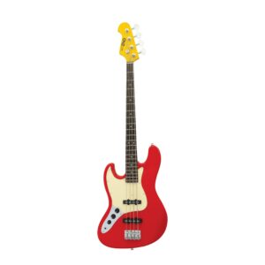 cnz audio jb mini electric bass guitar left handed - fiesta red body, maple neck, rosewood fingerboard & 3-ply ivory pickguard, 28.6" short scale premium pickups, vintage steel bridge & tuners