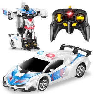 cegoufun 1:18 scale transform rc car robot for kids, remote control car with one button deformation, 2.4ghz remote control police toy car with 360 degree drifting, great toys gift for boys girls