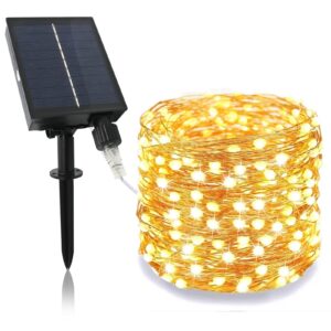 1001 lightsupply limited solar fairy lights outdoor waterproof 66ft 200 led solar string lights warm white, silver wire 8 modes solar christmas lights for patio wedding party tree garden decoration