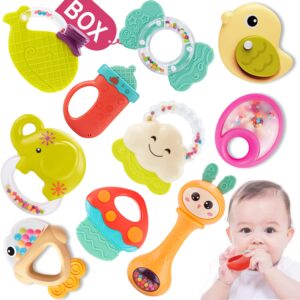 baby rattle teething toys for babies 0-6-12 months 10pcs, early educational infant toys gift set for boy girl 3-6 months, newborn sensory toys teether, grab shaker, tummy time rattle with storage box