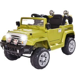 tobbi 12v kids ride on truck car electric car for kids with w/parental remote control, music, mp3 player, spring suspension, 2 doors open,working horn, army green