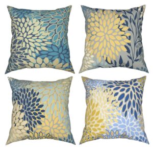 set of 4 throw pillow covers 18x18 inch floral blooms modern abstract flower throw pillow covers home pillowcases garden blue yellow gray flowers dark teal yellow cushion case decorative pillowcases