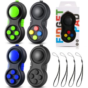 4 pieces fidget game controller pad, keychain fidget for adults teens, mini handheld cam fidget pad cube anxiety and stress relief sensory toy with 8 fun features and lanyard (assorted colors)