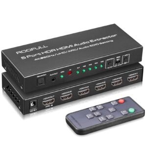 roofull 5 port 4k@60hz hdmi switch with optical & 3.5mm aux audio out, 5 in 1 out hdmi 2.0 switch audio extractor with remote, support arc, hdr 10, hdcp 2.2, 18gbps, dolby vision/atmos, 3d, 1080p