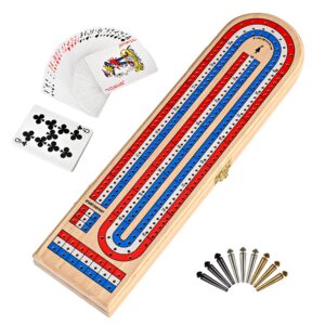 ropoda cribbage board game, classic 3 track board with 9 cribbage pegs, a deck of playing cards and storage area, portable and foldable wooden board game