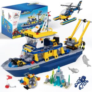 city arctic explorer ship building toy set,797pcs city arctic explorer boat building kit with coral reef scene,octopus,crab, submarine and helicopter,ocean building toy for 6+ years old boy girl gift