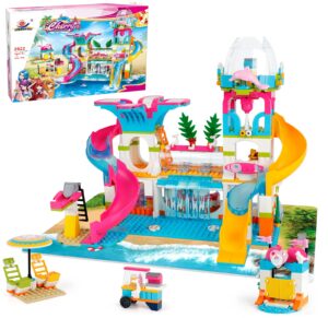 building set for girls friends set summer swimming pool building toys water park building blocks playset includes ice-cream car, shower room, christmas birthday present gift for kids girls 6-12