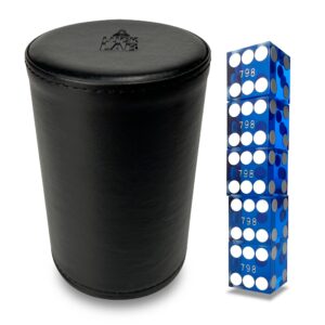 luck lab black leather dice stacking cup with 5 serialized razor edge 19 mm casino dice - pro straight cup for stacking and magic tricks (blue dice)