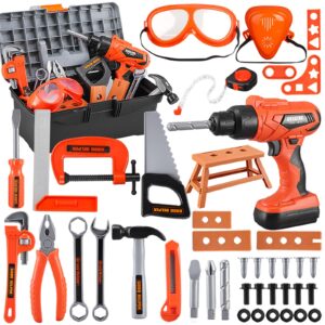 kids tool set – zealous 48 pcs toddler tool set with tool box & electronic toy drill, pretend play kids toys, toy construction tools for kids ages 3,4,5,6,7,8 years old (a-orange)