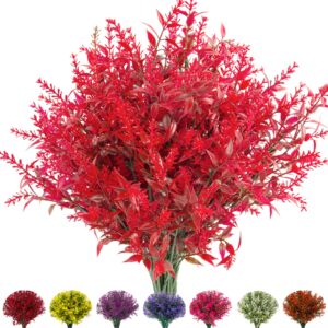 nov fire artificial outdoor lavender flowers,10 bundles artificial flowers outdoor,uv resistant fake flowers,outdoor plastic faux flowers shrubs for indoor outside decorations(red)