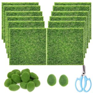 cayway 28 pcs artificial garden grass and artificial moss rocks decorative set, 5.9 x 5.9inch 12 pcs fairy artificial grass and 15 pcs green moss balls, floral scissors for decoration, fairy gardens