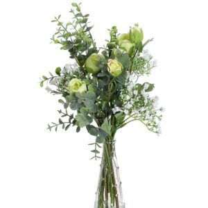 huaao 2 pcs artificial rose baby breath flowers gypsophila with eucalyptus leaves stems bridal wedding bouquet for home decor wedding garden party office, light green