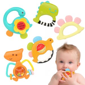 babyfuny baby toys 3-6 months dinosaur rattle toy - baby teething toys for babies - baby girl gifts - baby boy gifts - shaker grab spin baby toys 6 to 12 months