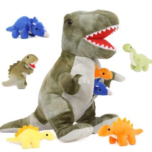 muiteiur dinosaur stuffed animals soft plush 19.6 inch dinosaur stuffed with 5 cute babies t-rex zippered belly dinosaur gift set for kids girl boy