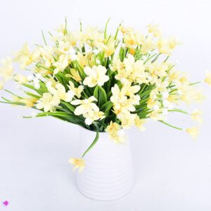 succinct 8pcs bundles artificial daffodils flowers, artificial greenery uv resistant no fade faux silk cloth plants for wedding bridle bouquet outdoor home garden kitchen office table vase (yellow)