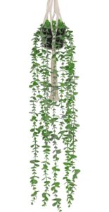 asano season fake plants artificial eucalyptus with hanging plant hanger 2.6 ft faux greenery vine potted plants in black pot and cotton rope for boho home green house garden indoor bedroom décor