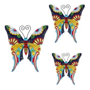 skipack bayn 3pc metal butterfly wall art decor, colorful mexican talavera-style butterflies sculpture wall hanging indoor outdoor for home, bedroom, living room, office, gardenrdengifts