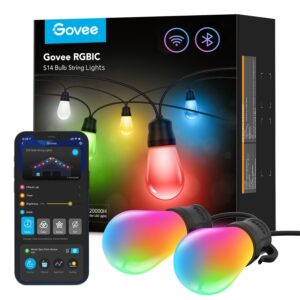 govee smart outdoor string lights h7020, rgbic warm white 48ft led bulbs for outdoor, wifi patio lights work with alexa, google assistant, app control, ip65 waterproof