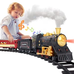 train set for boys girls - electric toy train including passenger coach with lights, steam locomotive with realistic sounds & headlight, coal car - christmas train sets under the tree, gift for kids