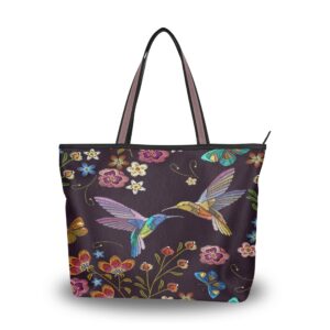 linqin women's shoulder handbags tote purse with zipper closure humming bird and tropical flowers embroidery