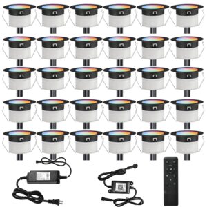 fvtled led deck lights kit, 30pcs Φ1.22 wifi smart phone control low voltage recessed rgbw deck lighting waterproof outdoor yard path stair decor, black