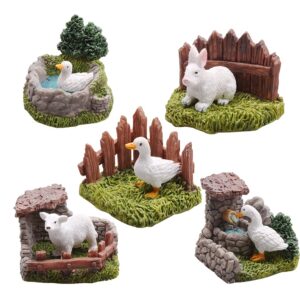 x hot popcorn mini animals bunny miniature figurines fence rabbit duck sheep model fairy garden miniature moss landscape diy terrarium crafts ornament accessories for home decoration, set of 5