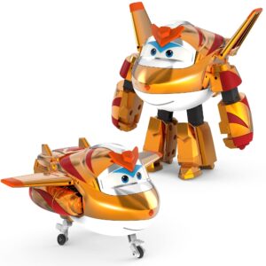 super wings 5" transforming golden boy, airplane toys vehicle action figure, transformer plane to robot, birthday gifts for 3 4 5 year old boys girls preschool kids, gold