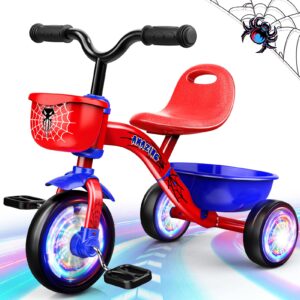 tricycle for toddlers 1-3 3-5 year olds, spidern toddler bike baby balance bike with colorful lighting wheels & large basket, birthday gift and toy for 1 2 3 4 5 year olds boys and girls