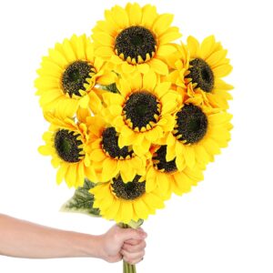 9 pieces artificial silk sunflowers with long stem artificial silk sunflower bouquet long stem fake sunflowers bouquet fake sunflowers decorations for home wedding birthday garden decoration