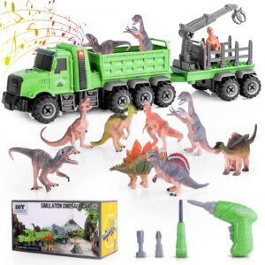 fanury dinosaur toys truck with lights sounds for kids, 8 dinosaurs & electric drill, take apart truck building toys, dino transport cars playset toys gifts for 3 4 5 6 7 8 year old boys girls