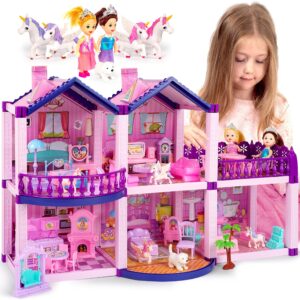 dollhouse with 2 princesses, 4 unicorns, dog, furniture and accessories - pink and purple dream doll house toy for little girls - 5 rooms w/garden, furniture and accessories, gift for girls ages 2-8