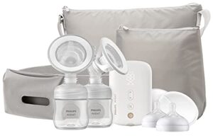 philips avent double electric breast pump advanced, with natural motion technology, with clear natural response baby bottles, white pump, gray bag, pouch, and belt, scf394/62