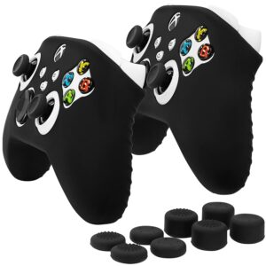 fosmon non-slip skin protective case cover compatible with xbox series x/s controller (2 pack - black), sweat proof silicone rubber gel skin with 8 thumb grips analog cap