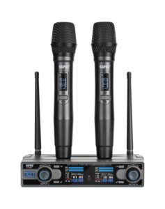 sgpro dual handheld wireless microphone system 262feet 90 preset uhf frequencies, bodypack, head-worn & lavalier mics for live performance, karaoke, dj, church, classroom & pa systems (d-332hh)