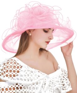 ellydoor fascinator wedding derby hats for women bridal organza church tea party hat wide brim sun hat (pink)