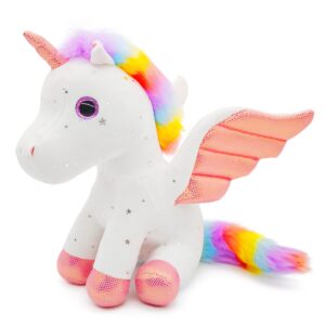 locmetur unicorn stuffed animal 12 inch cuddly plush toys girls gifts with rainbow fur shinning wings adorable toddler room decor gift for birthday valentines or graduation