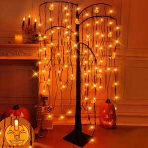 turnmeon 5 feet lighted halloween tree decor with timer,108 led black scary willow tree purple lighted 24 spiders ornaments halloween decorations outdoor indoor holiday home yard garden(adapter/timer)