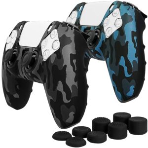 fosmon non-slip silicone protective case compatible with sony ps5 controller (2 pieces – camo black/blue) anti-sweat case cover with 8 pro thumb caps