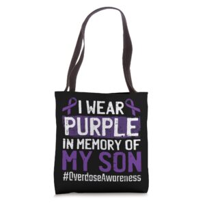 i wear purple for my son overdose awareness ribbon tote bag