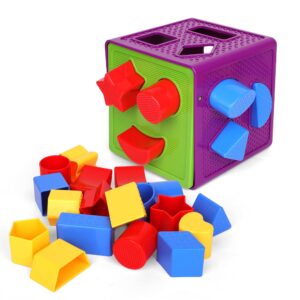 playkidiz shape sorter toy, toddler and baby stem sorting and matching activity cube, 18 blocks colorful sorter box, my first baby toys gift for boys & girls