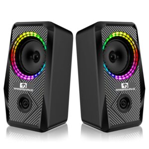 manbasnake computer speakers rgb gaming speakers with 2.0 wired usb powered stereo volume control,6 led modes,dual channel multimedia aux 3.5mm for pc laptop desktop monitors(black)