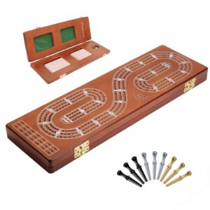 cribbage board game set 3 tracks, plusvivo solid oak wood cribbage boards unique with 9 metal pegs & 2 storage area, 15.5 x 4.9 x 1.2 in travel portable cribbage game sets for family